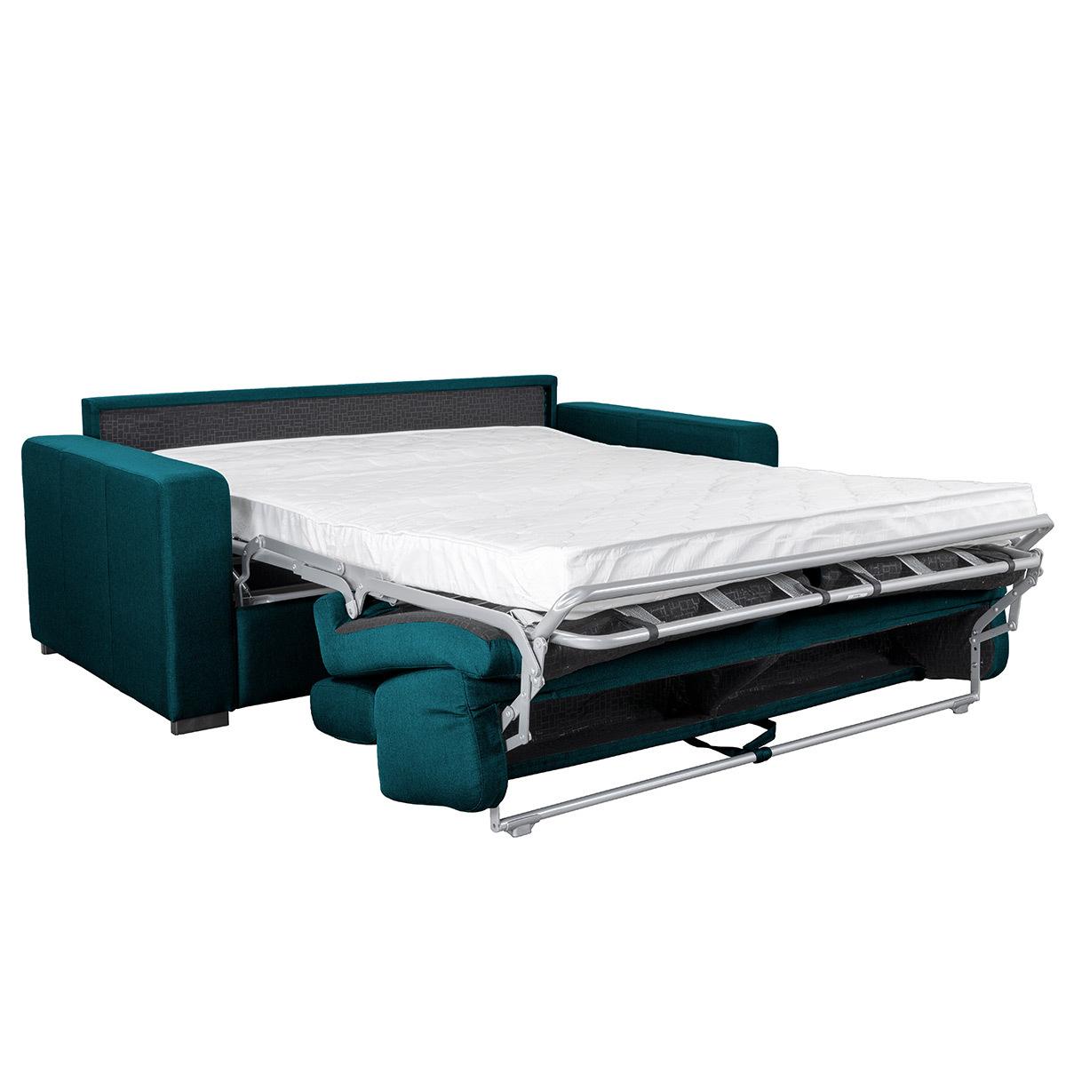 Miliboo - Canapé convertible avec têtières ajustables 3 places en tissu bleu canard avec matelas ...