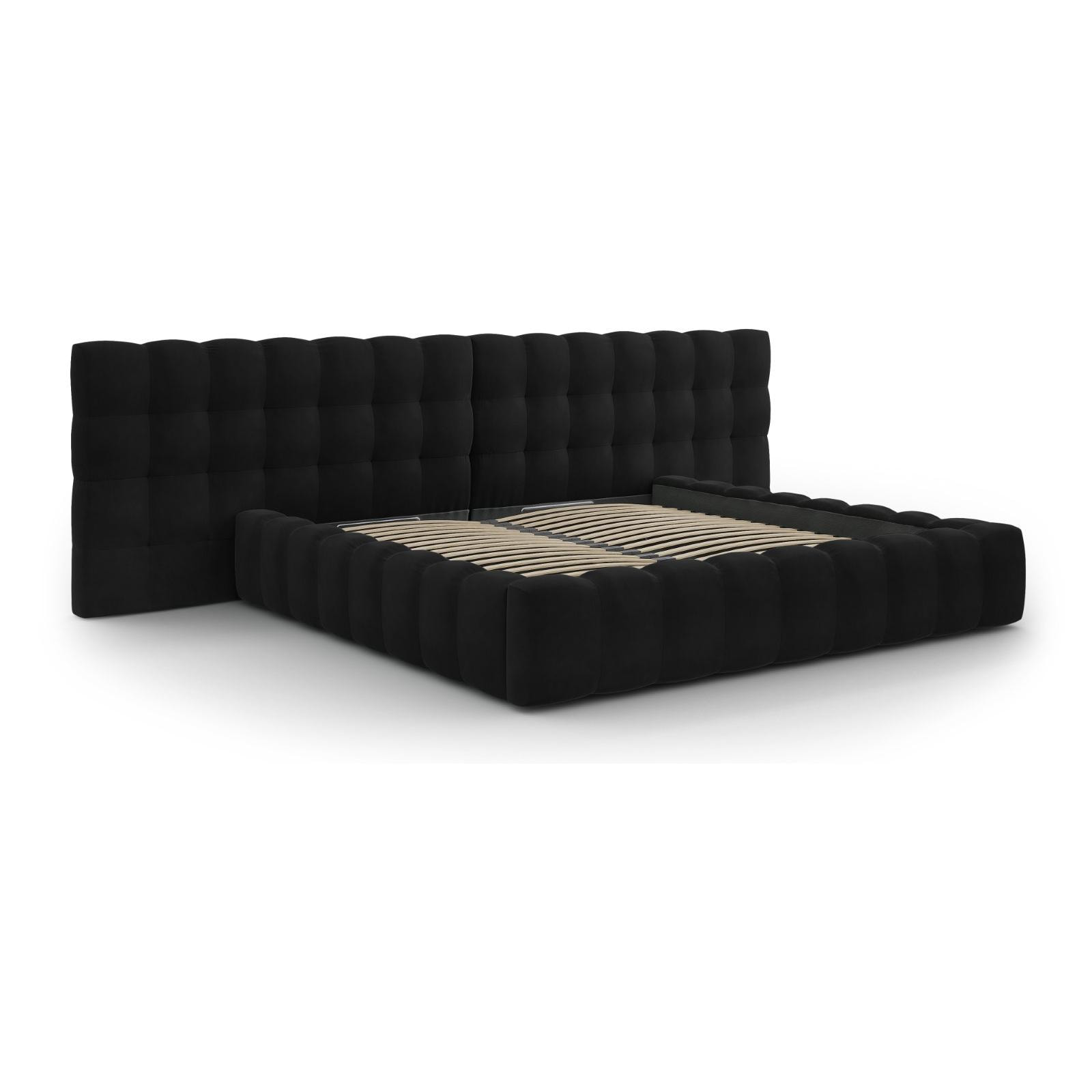 Micadoni - Lit Coffre en Velours Avec Tête de Lit Double, ''Mamaia'', Noir, 230x350x100 | Veepee